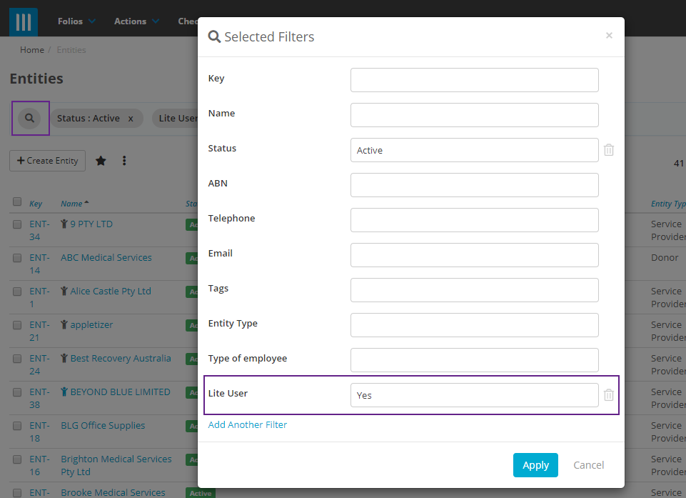 How do I search for lite users in my entity, contact and user screens ...