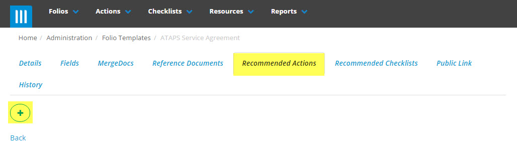 What are recommended actions for a Folio template and how do I set them ...